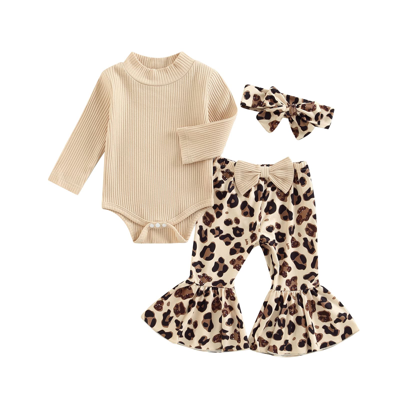 fhutpw Newborn Baby Girl Clothes Infant Rib Frill Long Sleeve Romper Flared Pants Headband Set 3pcs Fall Winter Outfits (C- Beige- Mock Neck, 0-3 Months)