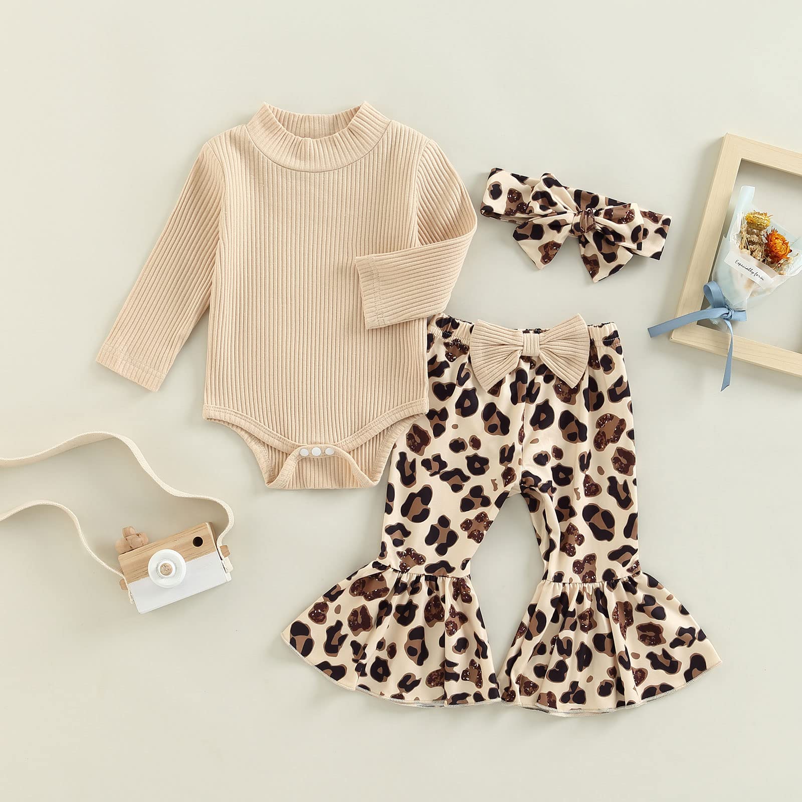 fhutpw Newborn Baby Girl Clothes Infant Rib Frill Long Sleeve Romper Flared Pants Headband Set 3pcs Fall Winter Outfits (C- Beige- Mock Neck, 0-3 Months)