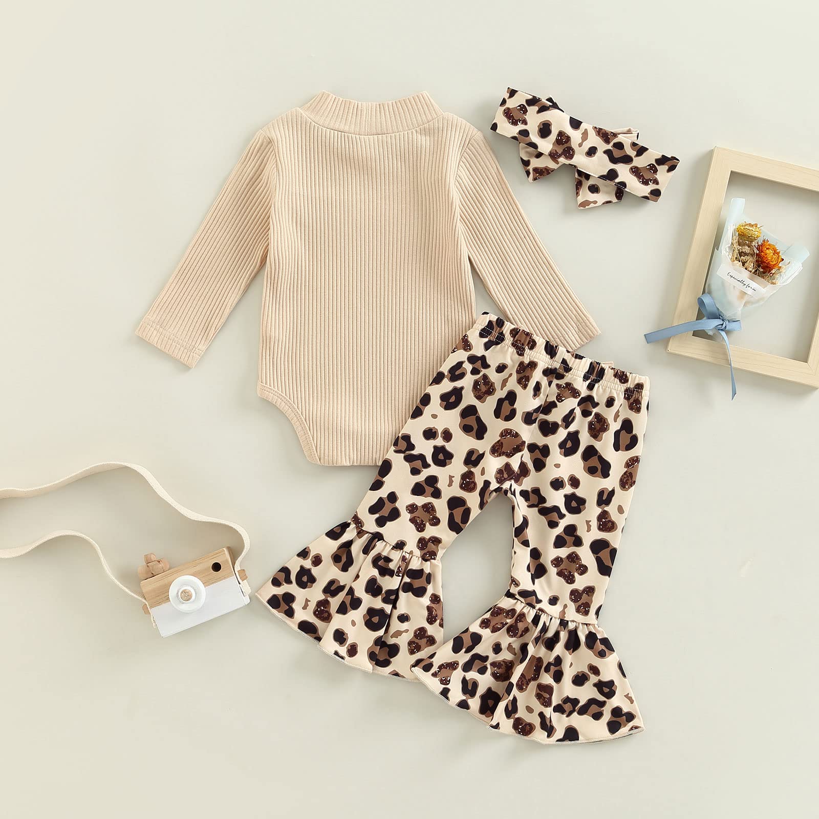 fhutpw Newborn Baby Girl Clothes Infant Rib Frill Long Sleeve Romper Flared Pants Headband Set 3pcs Fall Winter Outfits (C- Beige- Mock Neck, 0-3 Months)