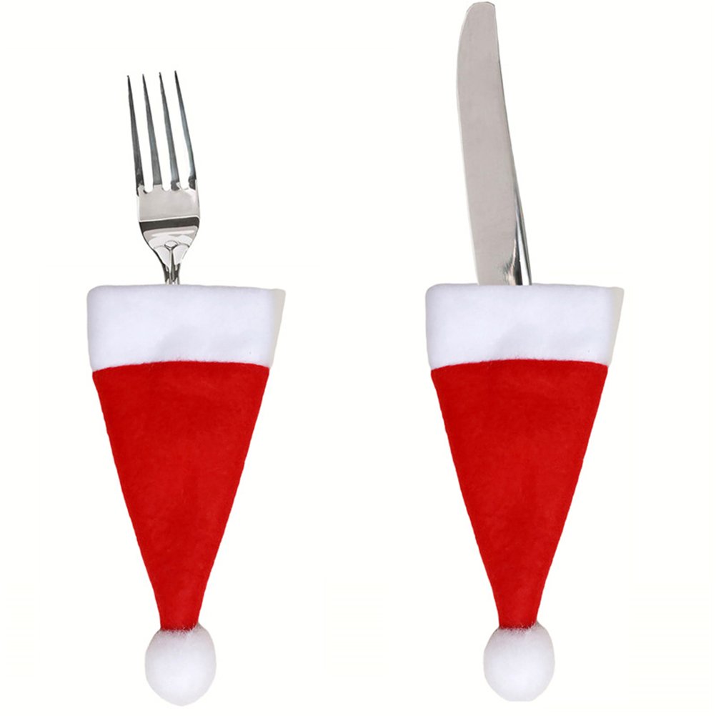 BESTOYARD Christmas Tableware Holder Silverware Holders Pockets Dinner Tableware Cutlery Case Bag Cover Santa Claus Hat Decor for Xmas Dinner Table Decorations 10pcs