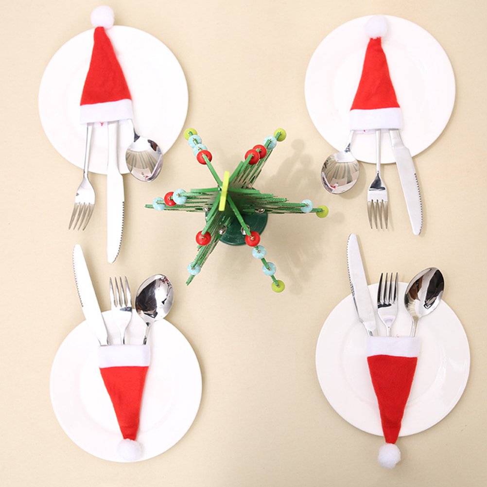 BESTOYARD Christmas Tableware Holder Silverware Holders Pockets Dinner Tableware Cutlery Case Bag Cover Santa Claus Hat Decor for Xmas Dinner Table Decorations 10pcs