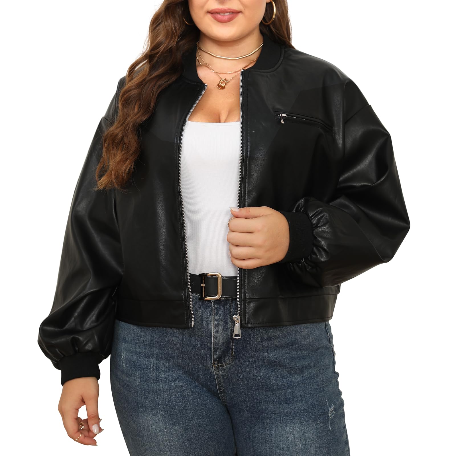EXLURA Women's Plus Size Faux Leather Long Sleeve PU Jacket Zip Up Vegan Leather Motorcycle Coat