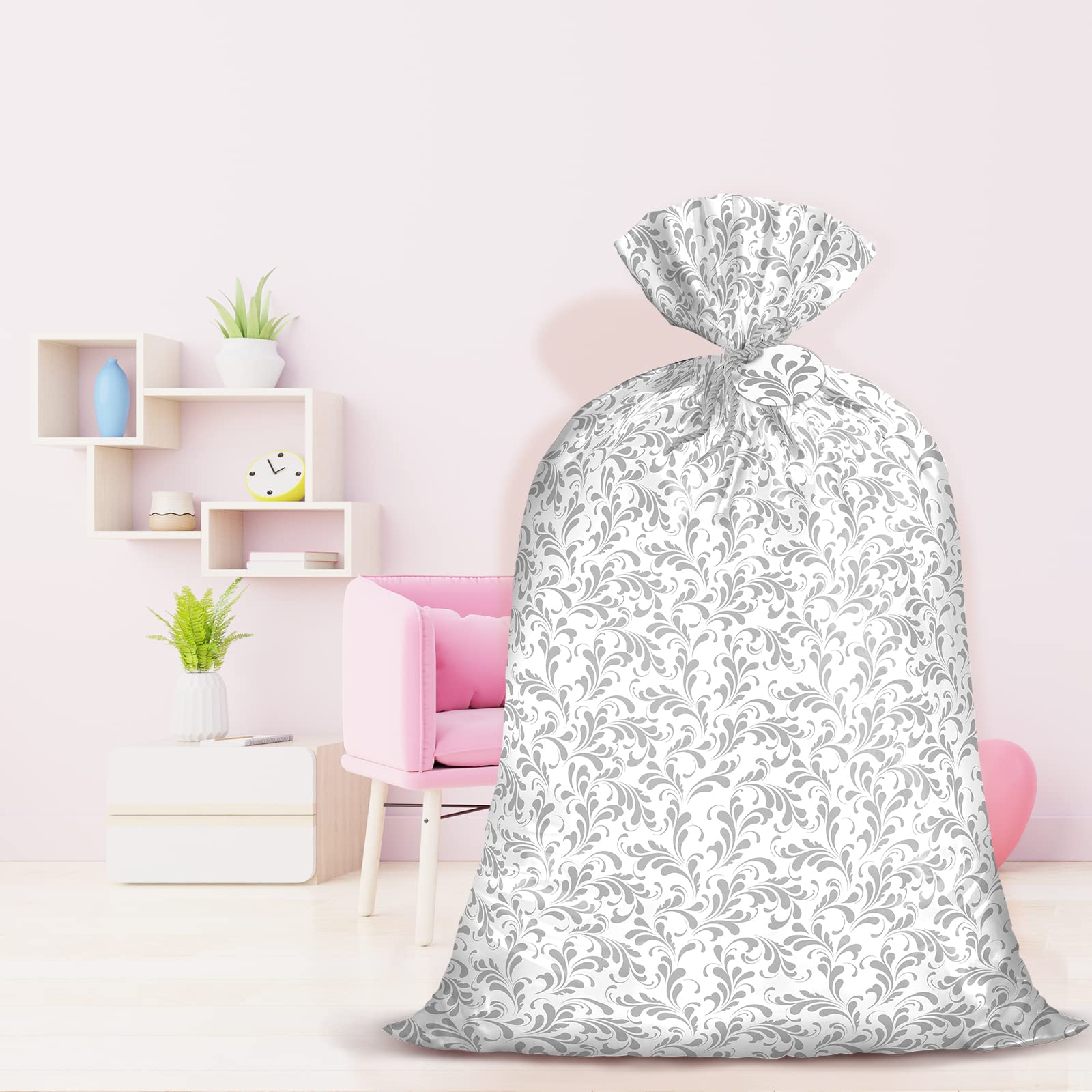 WRAPAHOLIC 56" Large Plastic Gift Bag - Silver Floral Design for Birthdays, Mother's Day, Wedding, Baby Shower, Parties, or Any Occasion - 56" H x 36" W