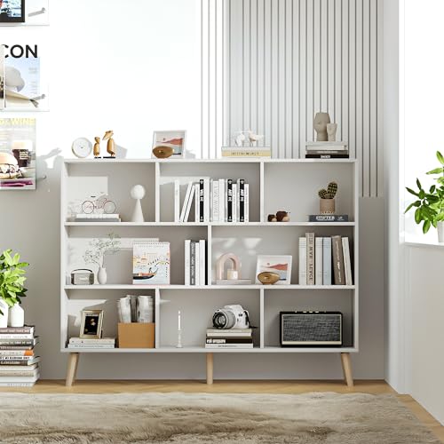 DIFY Wooden Bookcase 8 Cube Open Bookcase with Legs, 55.1" Display Bookshelves Storage Organizer Shelf for Living Room, Home Office and Bedroom, White