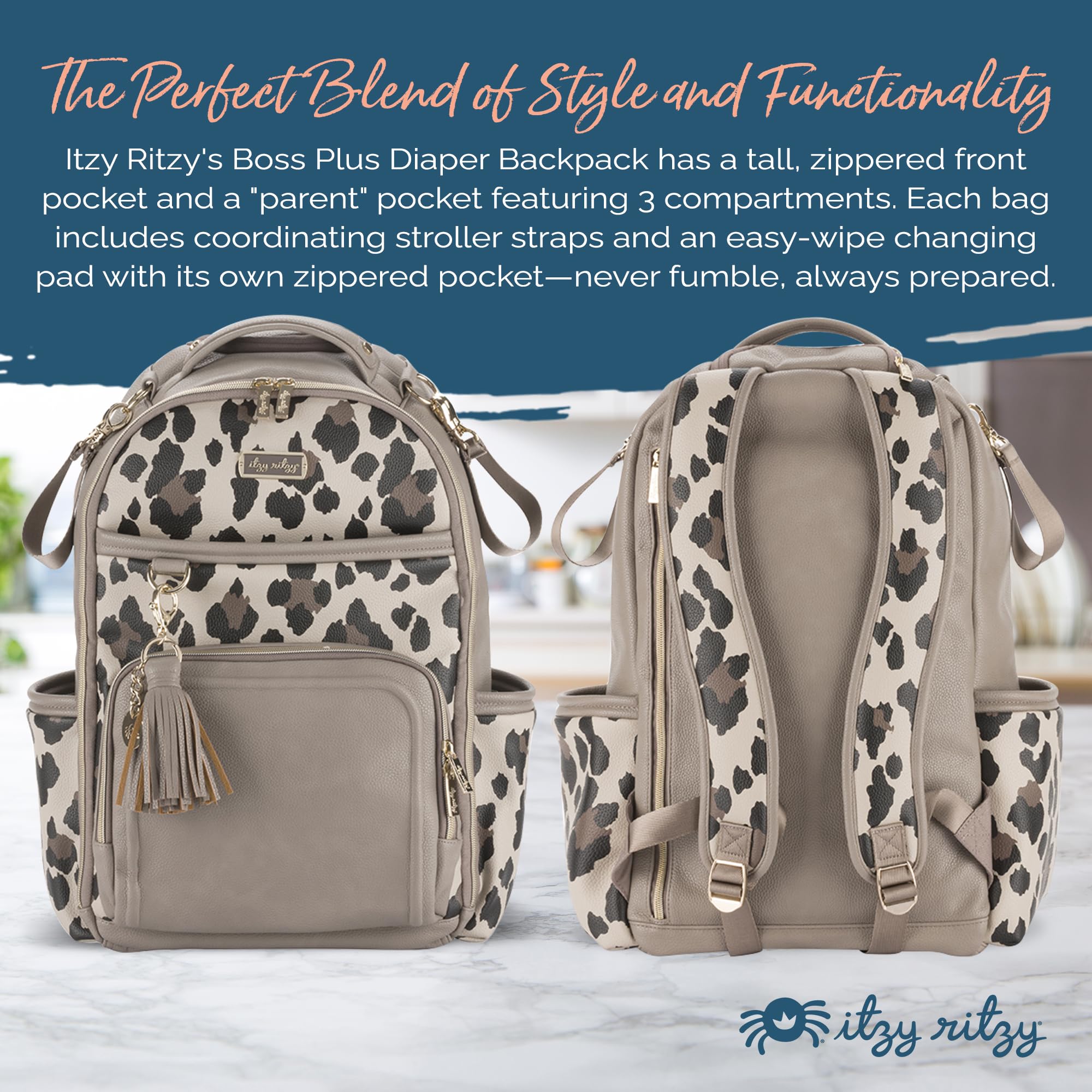 Itzy Ritzy Diaper Bag Backpack – Large Capacity Boss Plus Baby Backpack Diaper Bag Featuring 19 Pockets, Changing Pad, Stroller Clips, and Comfortable Backpack Straps, Leopard