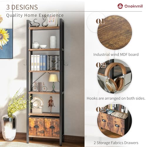 oneinmil 6-Tier Bookshelf with 2 Storage Drawers, Industrial Display Standing Shelf, Rustic Wood Storage Shelf with Metal Frame, Open Bookcases for Living Room, Bedroom, Home Office (Brown)