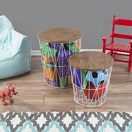 Lavish Home End Storage β Nesting Wire Basket Base and Wood Tops β Industrial Farmhouse Style Side Table Set of 2, White