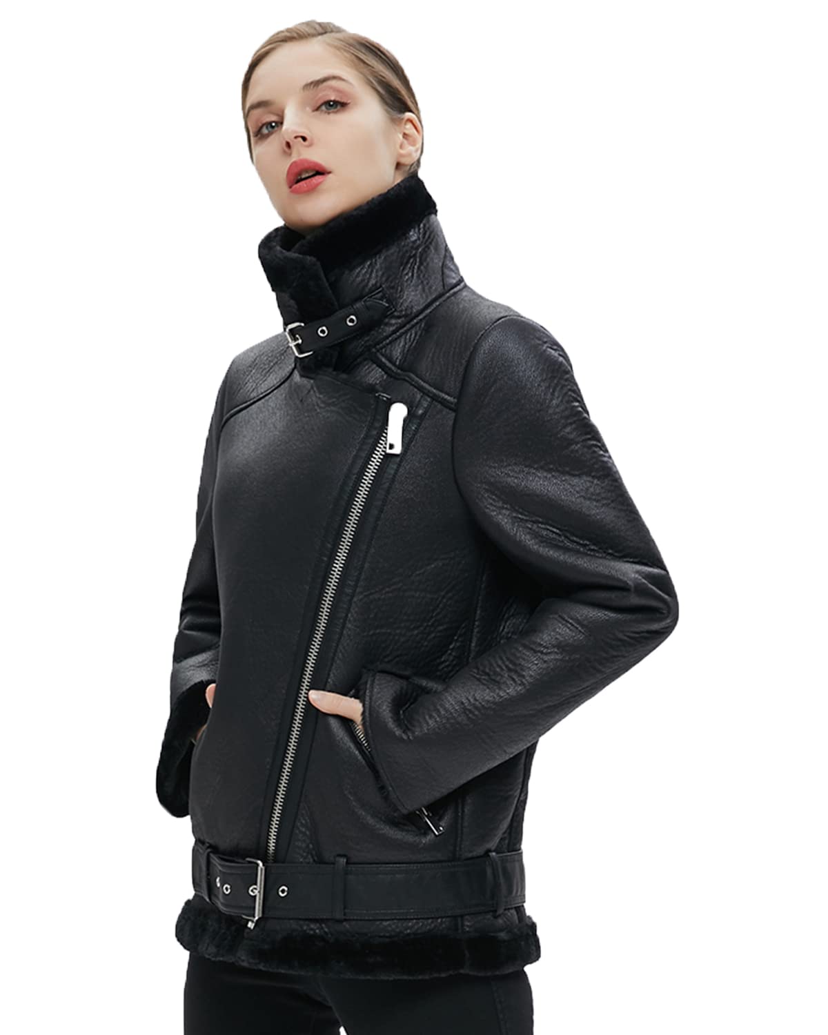 LY VAREY LIN Women's Faux Shearing Leather Jacket Warm Thickness Moto Coat Winter Shearling Coat Lined Parka (XL Black)