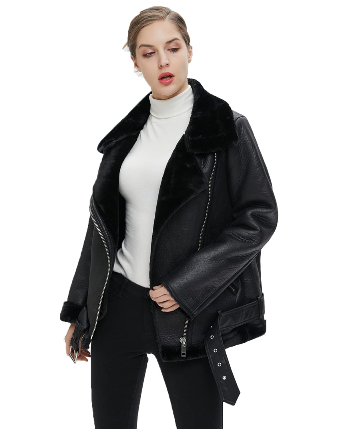 LY VAREY LIN Women's Faux Shearing Leather Jacket Warm Thickness Moto Coat Winter Shearling Coat Lined Parka (XL Black)