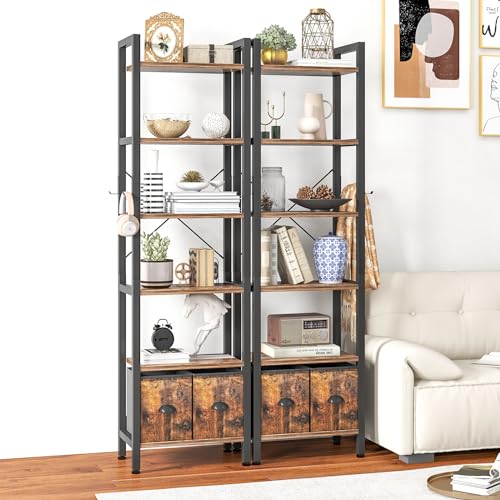 oneinmil 6-Tier Bookshelf with 2 Storage Drawers, Industrial Display Standing Shelf, Rustic Wood Storage Shelf with Metal Frame, Open Bookcases for Living Room, Bedroom, Home Office (Brown)