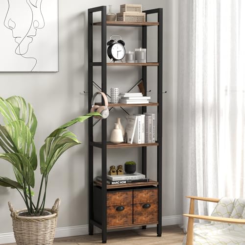 oneinmil 6-Tier Bookshelf with 2 Storage Drawers, Industrial Display Standing Shelf, Rustic Wood Storage Shelf with Metal Frame, Open Bookcases for Living Room, Bedroom, Home Office (Brown)