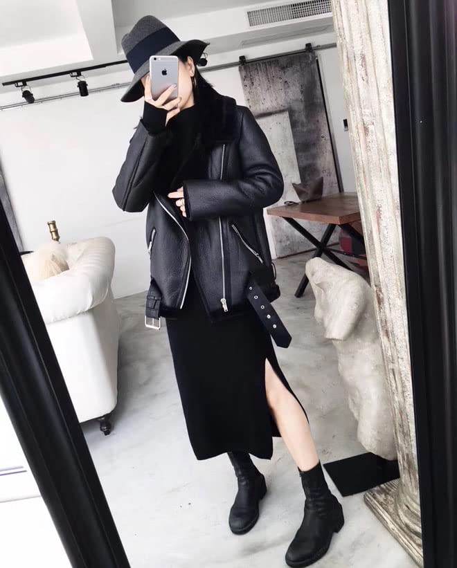 LY VAREY LIN Women's Faux Shearing Leather Jacket Warm Thickness Moto Coat Winter Shearling Coat Lined Parka (XL Black)