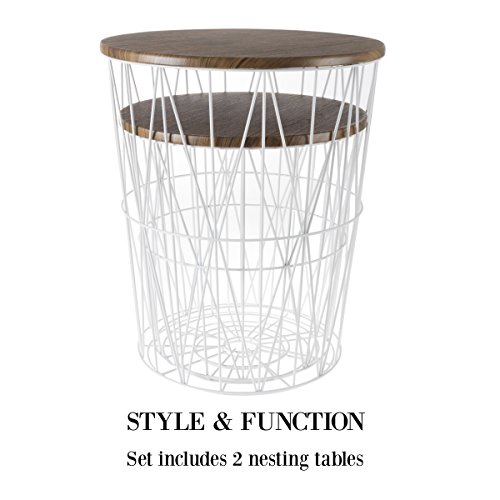 Lavish Home End Storage β Nesting Wire Basket Base and Wood Tops β Industrial Farmhouse Style Side Table Set of 2, White