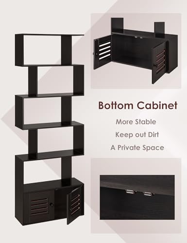 DINZI LVJ 6-Tier Bookshelf, S-Shaped Geometric Bookcase, Book Shelf with Cabinet, Display Shelf with Door, Freestanding Decorative Storage Shelving for Living Room, Home Office, Espresso