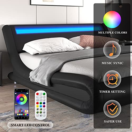 SHA CERLIN Upholstered Modern Bed Frame with LED Headboard/Mattress Foundation/No Box Spring Needed/Strong Wood Slats Support/Easy Assemble, Black, Queen Size