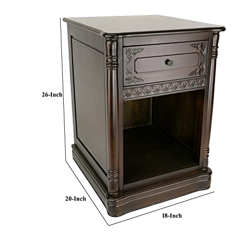 Benjara Kai 26 Inch Classic Wood Accent Chest, 1 Drawer, Open Space, Carved, Brown