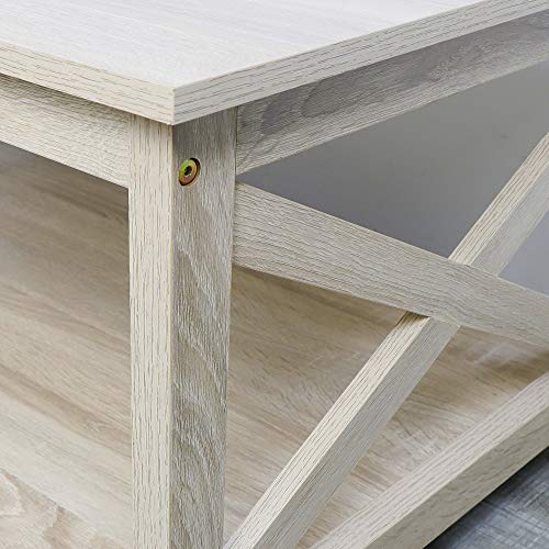Rainbow Sophia Coffee Table, Modern Farmhouse Wood Coffee Table with 2-Tier Storage, 40 Inch, White Oak