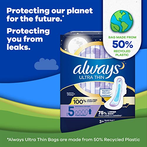Always Ultra Thin Feminine Pads for Women, Size 5, Extra Heavy, Overnight Absorbency with Wings, 46 Count x 2 Pack (92 Count total)
