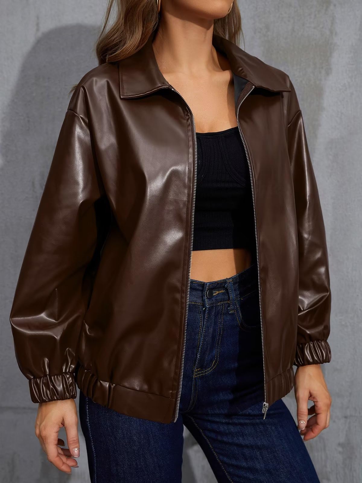 PITINAN Brown Leather Jacket Women Long Sleeve Warm Womens Faux Leather Jacket Motorcycle Jacket Fall Coat 2023 Trendy Leather Jacket for Women Bomber Jacket Brown L