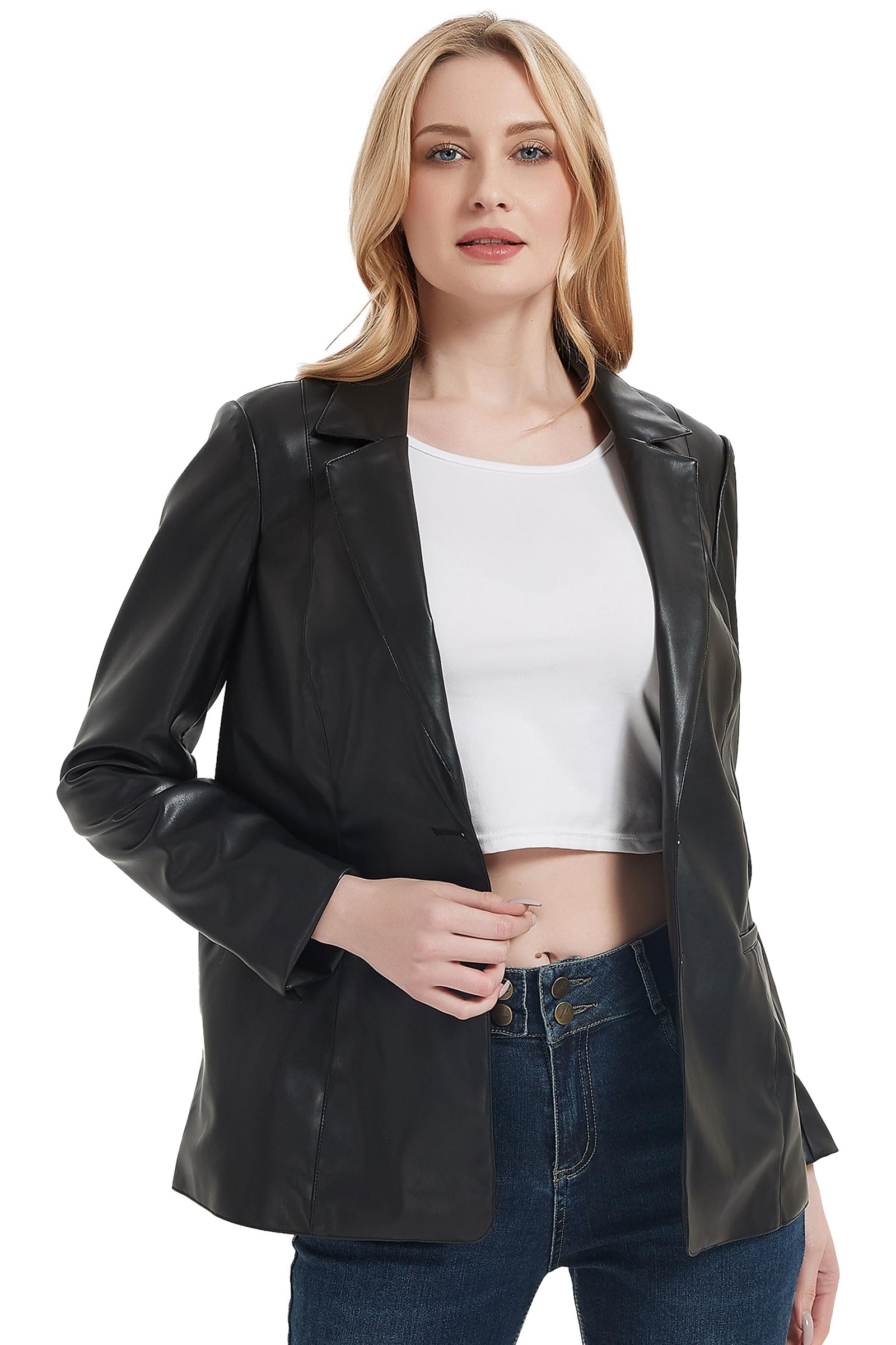 RISISSIDA Women Faux Leather Blazer Jacket Vegan Pleather Coat Black XX-L