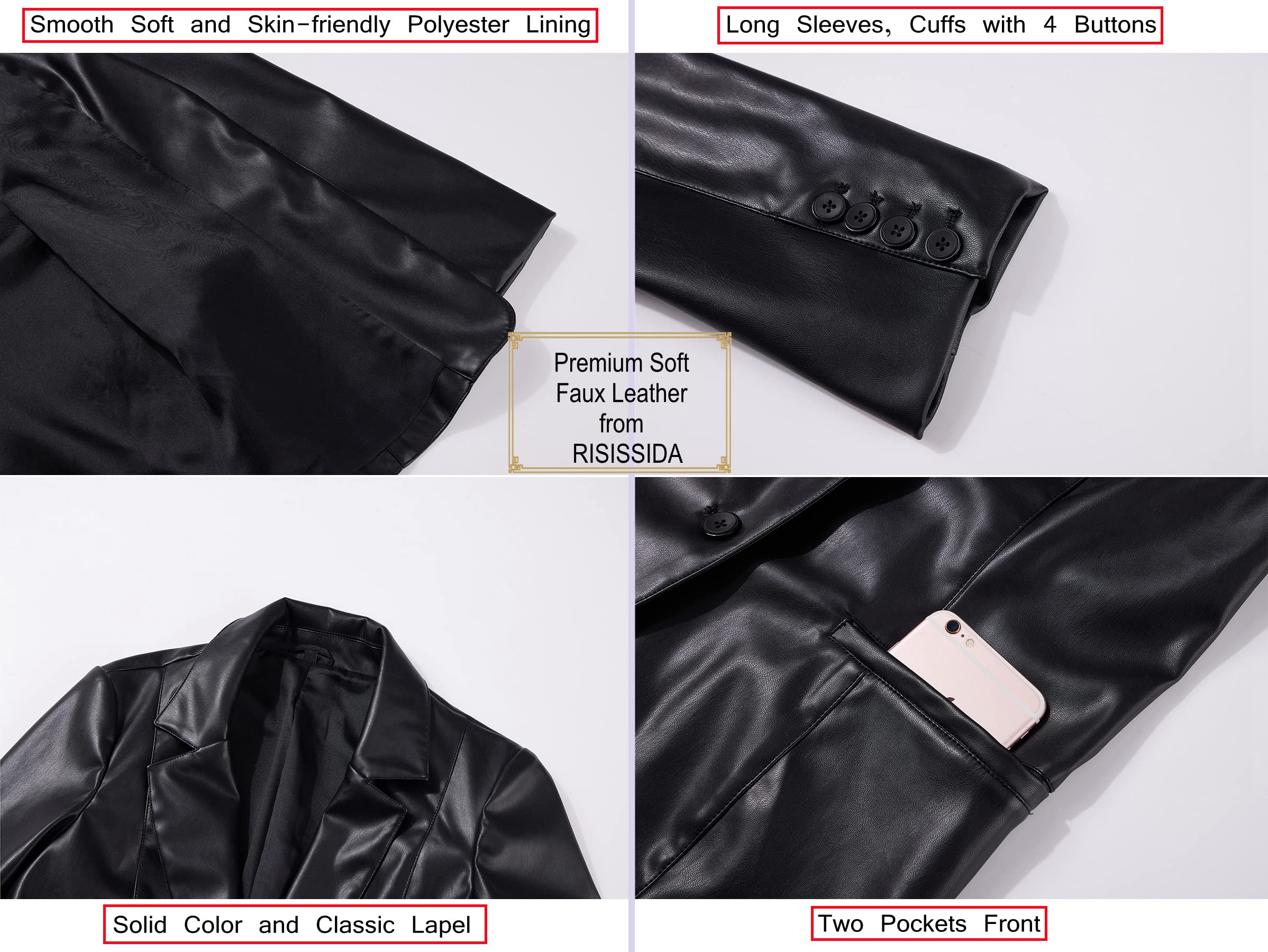 RISISSIDA Women Faux Leather Blazer Jacket Vegan Pleather Coat Black XX-L