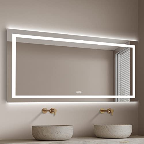 DP Home Makeup Wall-Mounted Mirrors, LED Backlit Frameless Wall Mirror, HotelBathroom Vanity Mirror with Touch Button, Anti Fog, Dimmable, Vertical & Horizontal Mount, 60 x 28 in (E-CK010-CG)