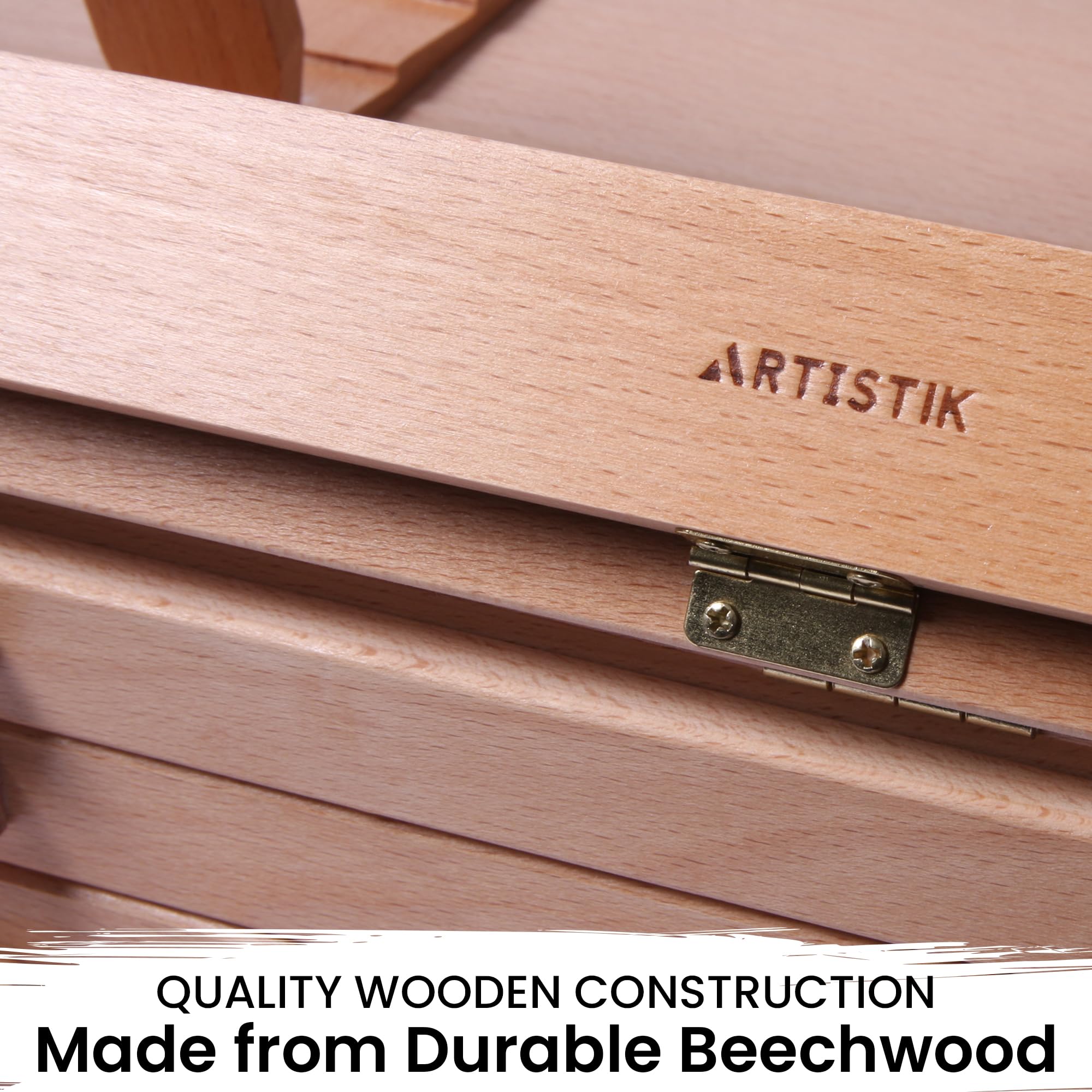 Wood Desk Table Easel - Handcrafted Beechwood Desktop Easel & Wooden Art Tabletop Box for Drawing, Painting, and Sketching with 3 Front Drawers for Supplies Storage