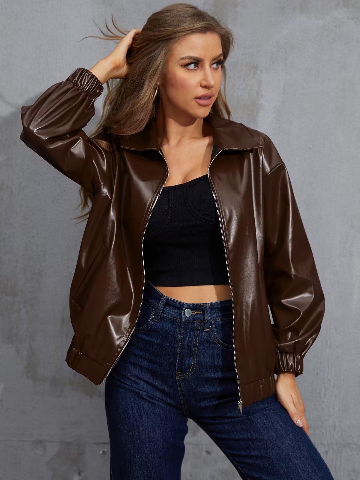 PITINAN Brown Leather Jacket Women Long Sleeve Warm Womens Faux Leather Jacket Motorcycle Jacket Fall Coat 2023 Trendy Leather Jacket for Women Bomber Jacket Brown L