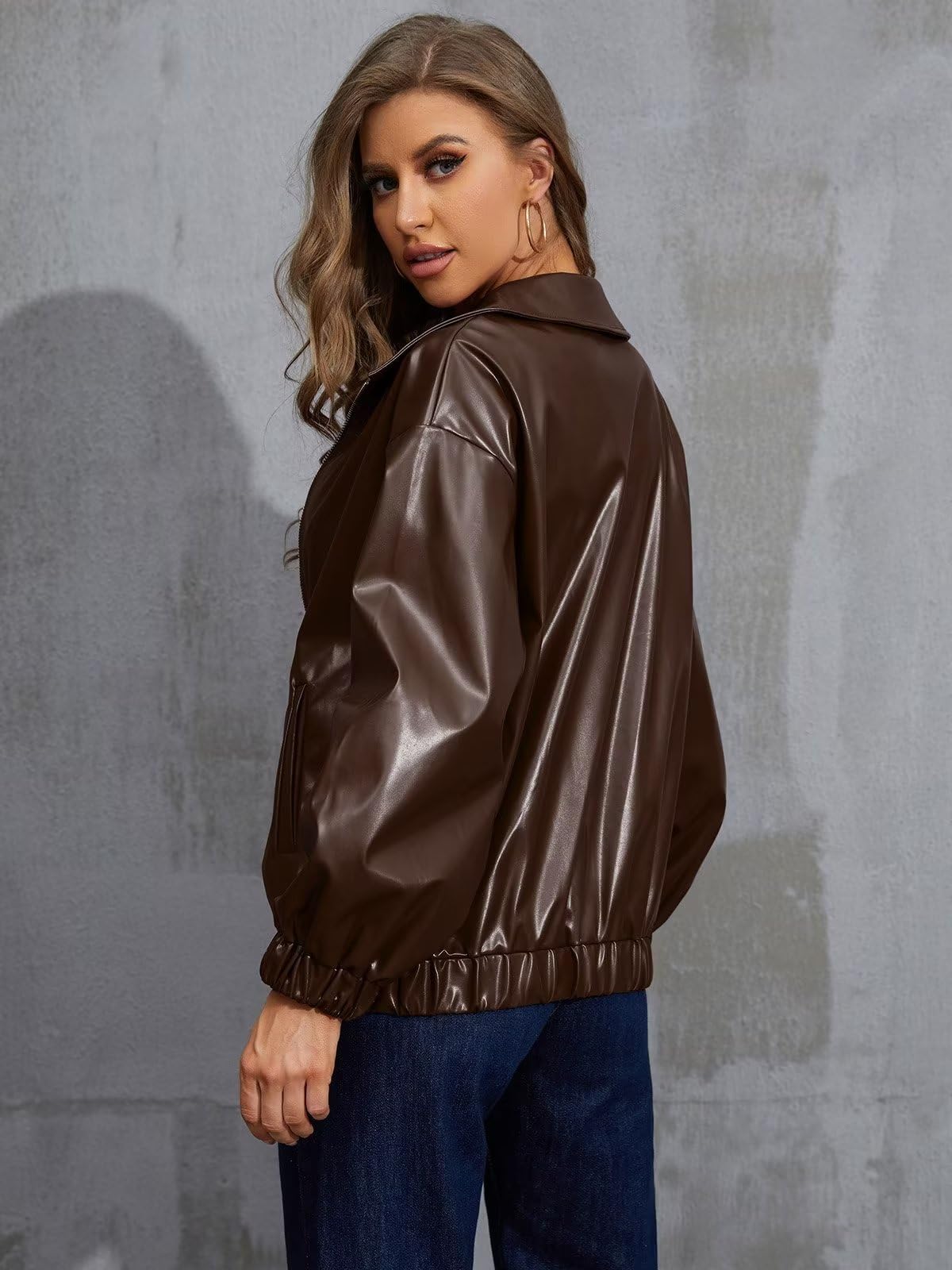 PITINAN Brown Leather Jacket Women Long Sleeve Warm Womens Faux Leather Jacket Motorcycle Jacket Fall Coat 2023 Trendy Leather Jacket for Women Bomber Jacket Brown L