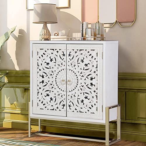 PHI VILLA White Accent Cabinet Storage Cabinet with Doors Buffet Cabinet Pantry Cabinet Sideboard for Dining Room Hollow Carved