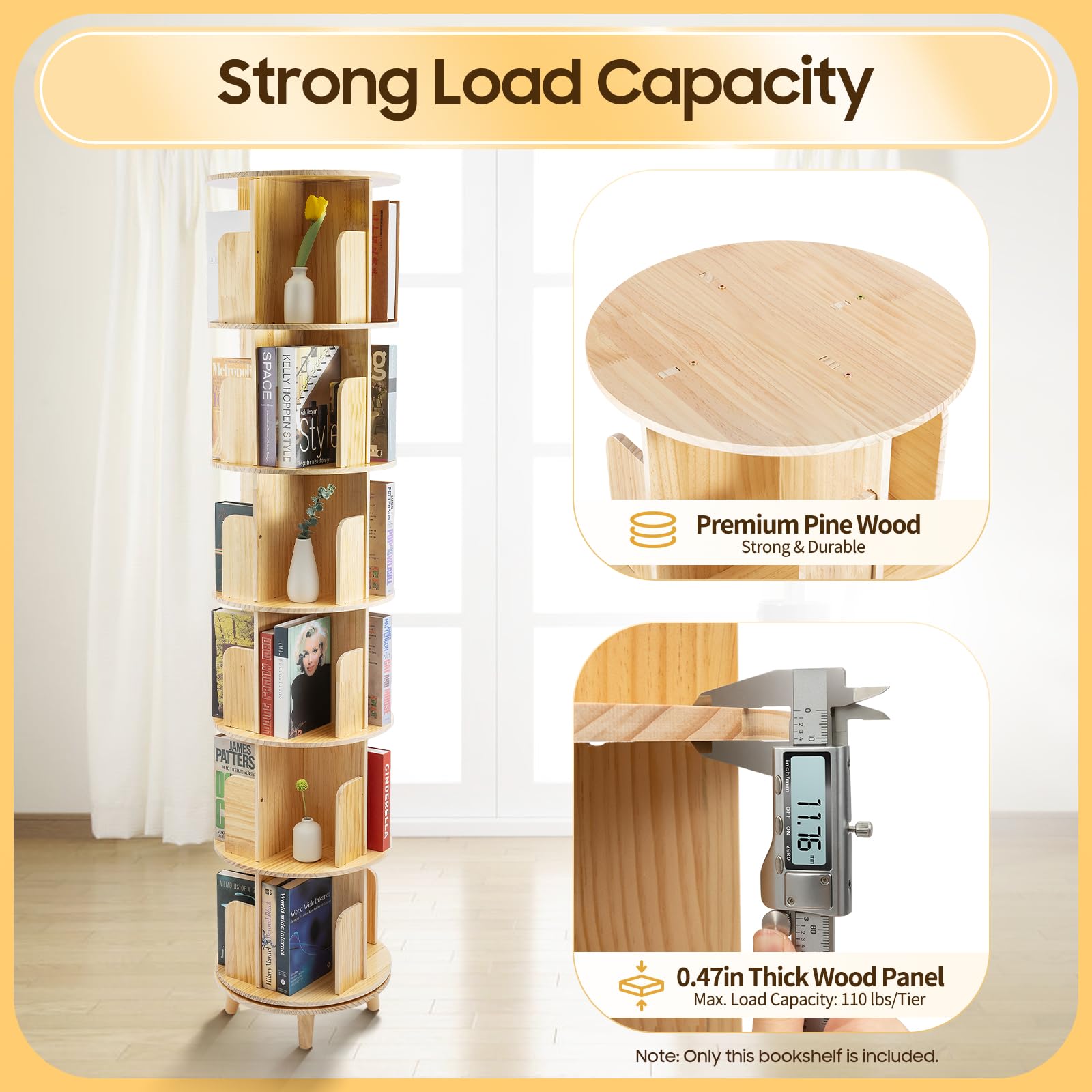 PIAOCAIYIN 6 Tier Cylindrical Rotating Bookshelf, 360° Display Stackable Shelves, Floor Standing Bookcase, Rotating Bookshelf Tower, w/Support Legs, Wood Kids Bookshelf, Revolving Bookcase