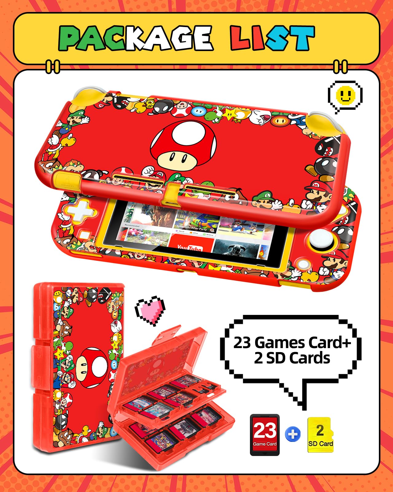Xinocy (2in1 for Nintendo Switch Lite Case +24 Switch Game Holder Cute Cartoon Slim Protective Cases Hard Shell for Kids Boys Teens Girls Girly Design Funny Aesthetic Covers for Switch Lite 2019,Red
