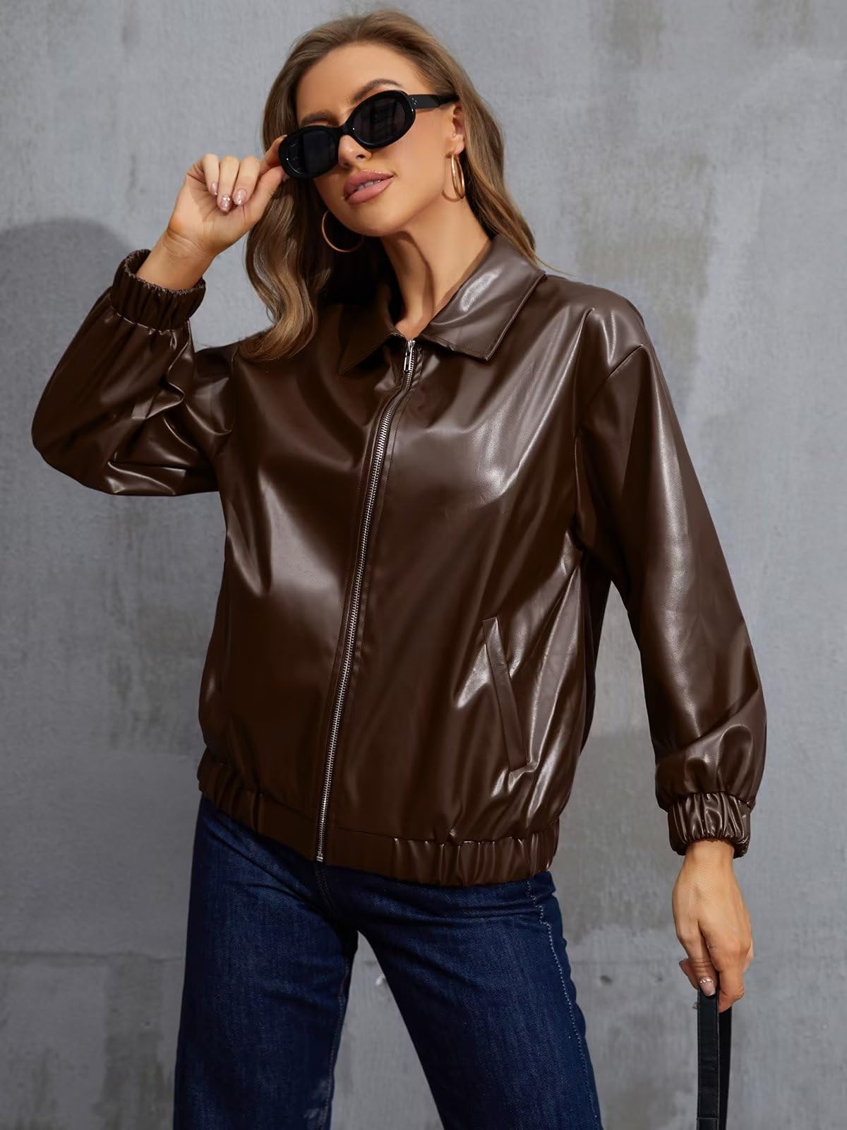 PITINAN Brown Leather Jacket Women Long Sleeve Warm Womens Faux Leather Jacket Motorcycle Jacket Fall Coat 2023 Trendy Leather Jacket for Women Bomber Jacket Brown L