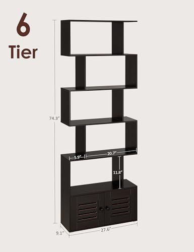 DINZI LVJ 6-Tier Bookshelf, S-Shaped Geometric Bookcase, Book Shelf with Cabinet, Display Shelf with Door, Freestanding Decorative Storage Shelving for Living Room, Home Office, Espresso