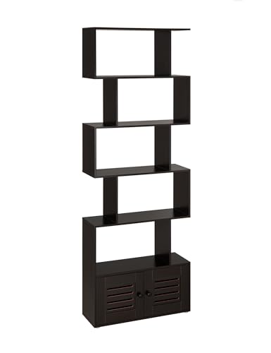 DINZI LVJ 6-Tier Bookshelf, S-Shaped Geometric Bookcase, Book Shelf with Cabinet, Display Shelf with Door, Freestanding Decorative Storage Shelving for Living Room, Home Office, Espresso