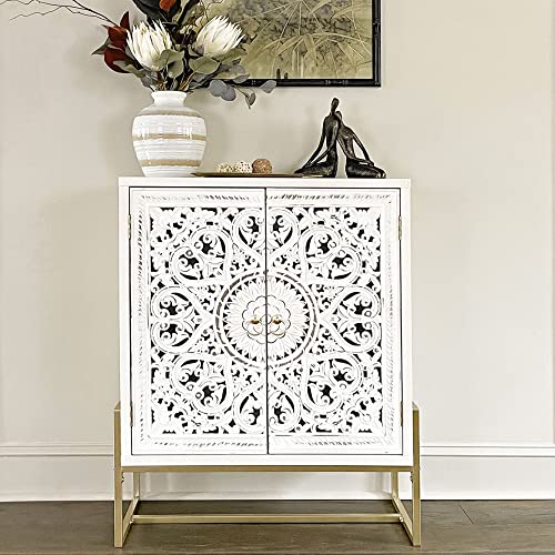 PHI VILLA White Accent Cabinet Storage Cabinet with Doors Buffet Cabinet Pantry Cabinet Sideboard for Dining Room Hollow Carved