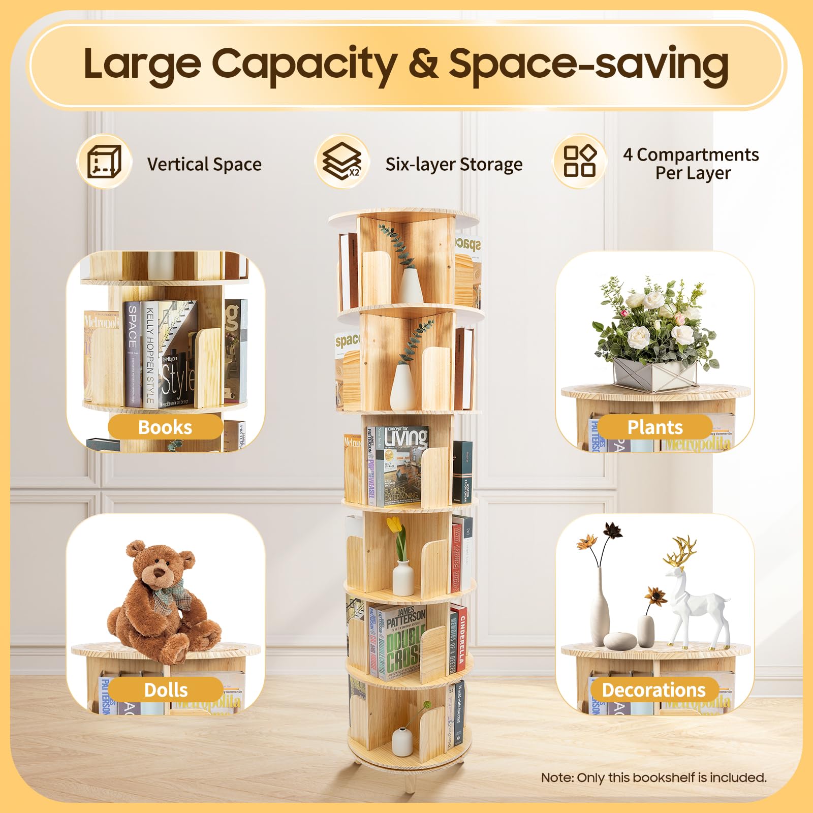 PIAOCAIYIN 6 Tier Cylindrical Rotating Bookshelf, 360° Display Stackable Shelves, Floor Standing Bookcase, Rotating Bookshelf Tower, w/Support Legs, Wood Kids Bookshelf, Revolving Bookcase