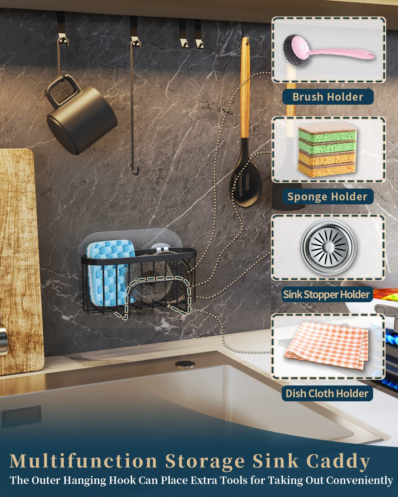 Consumest Sponge Holder with U Shape, SUS304 Stainless Steel Sponge Holder for Kitchen Sink with Adhesive 2 Hanging Way, No Drilling Sink Sponge Holder for Sponge, Brush, Sink Stopper and Steel Wool
