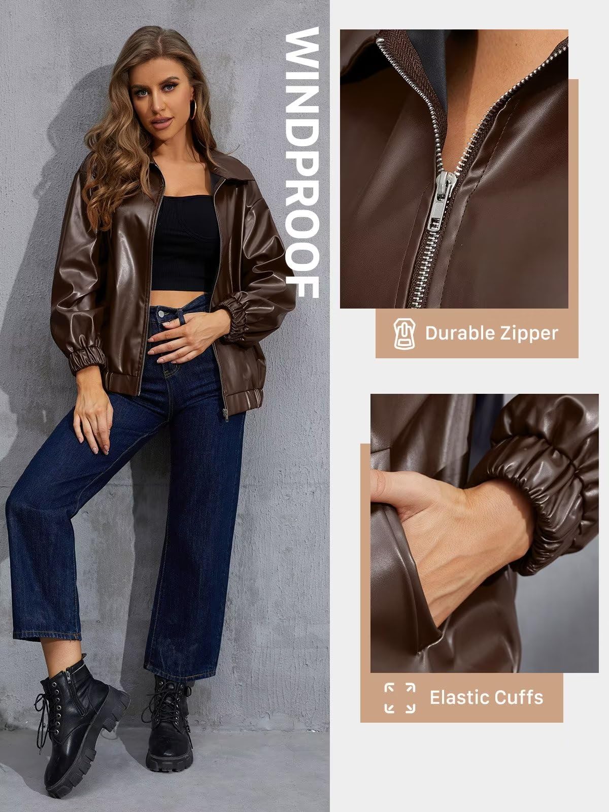 PITINAN Brown Leather Jacket Women Long Sleeve Warm Womens Faux Leather Jacket Motorcycle Jacket Fall Coat 2023 Trendy Leather Jacket for Women Bomber Jacket Brown L