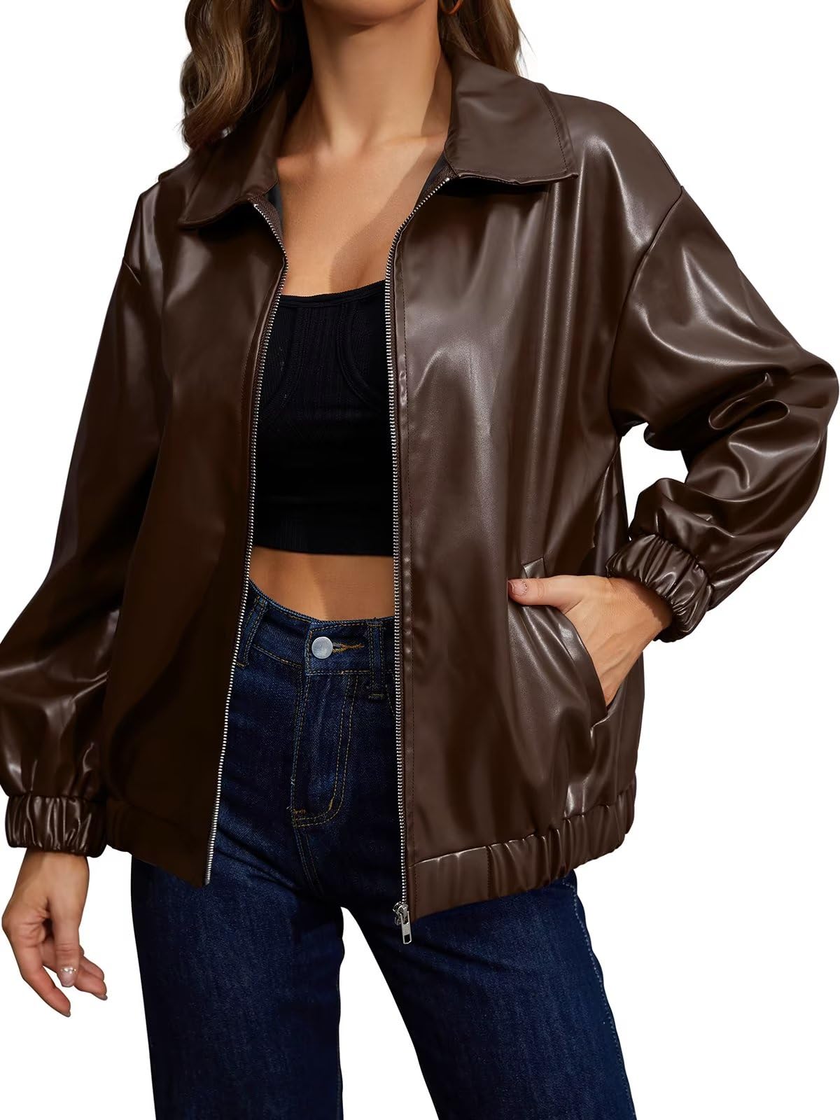 PITINAN Brown Leather Jacket Women Long Sleeve Warm Womens Faux Leather Jacket Motorcycle Jacket Fall Coat 2023 Trendy Leather Jacket for Women Bomber Jacket Brown L