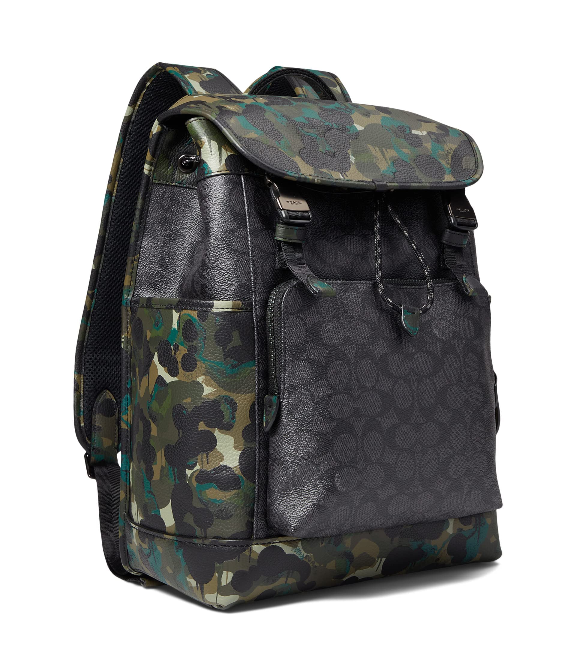 Coach League Flap Backpack in Signature with Camo Print Leather Charcoal Multi One Size
