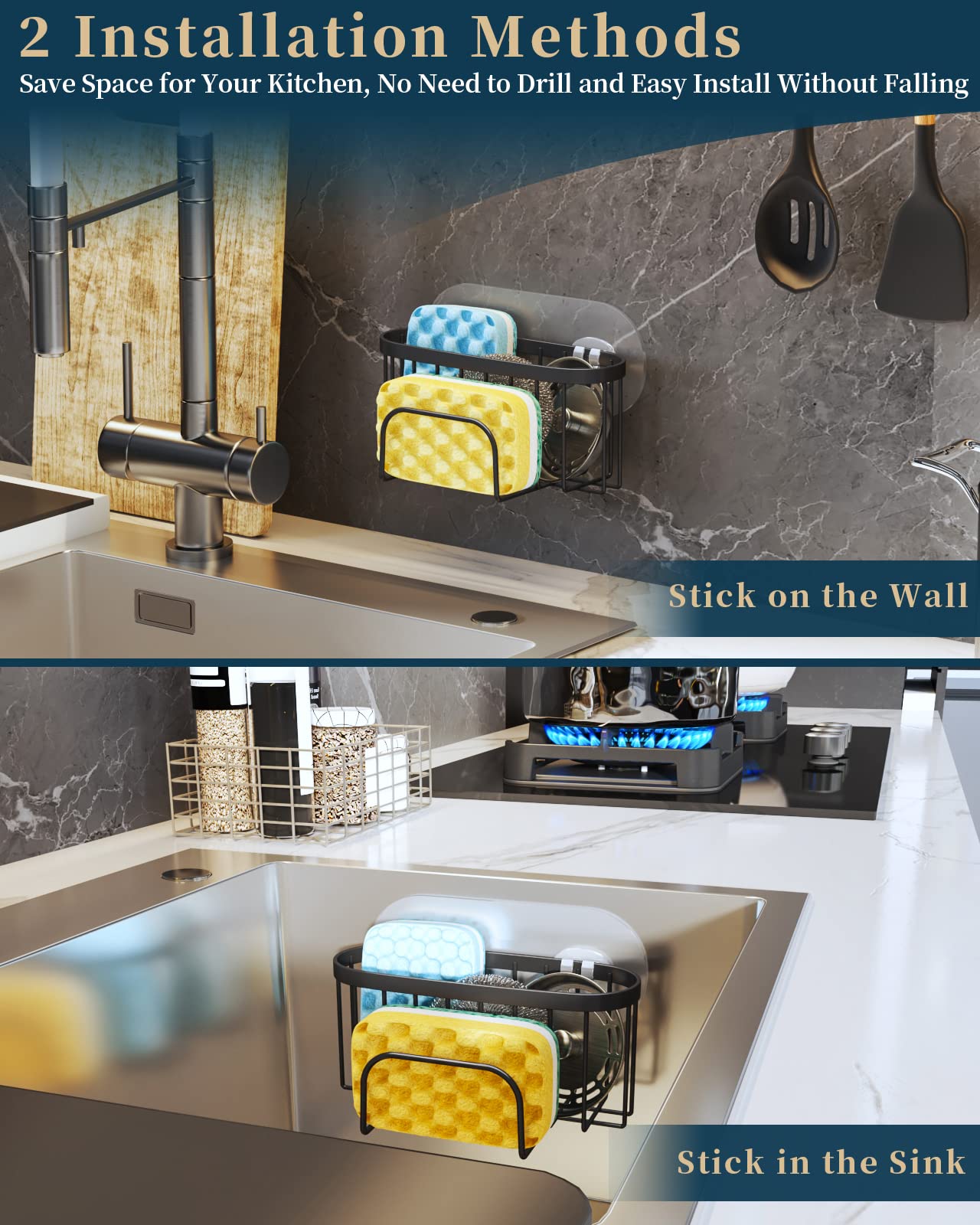 Consumest Sponge Holder with U Shape, SUS304 Stainless Steel Sponge Holder for Kitchen Sink with Adhesive 2 Hanging Way, No Drilling Sink Sponge Holder for Sponge, Brush, Sink Stopper and Steel Wool