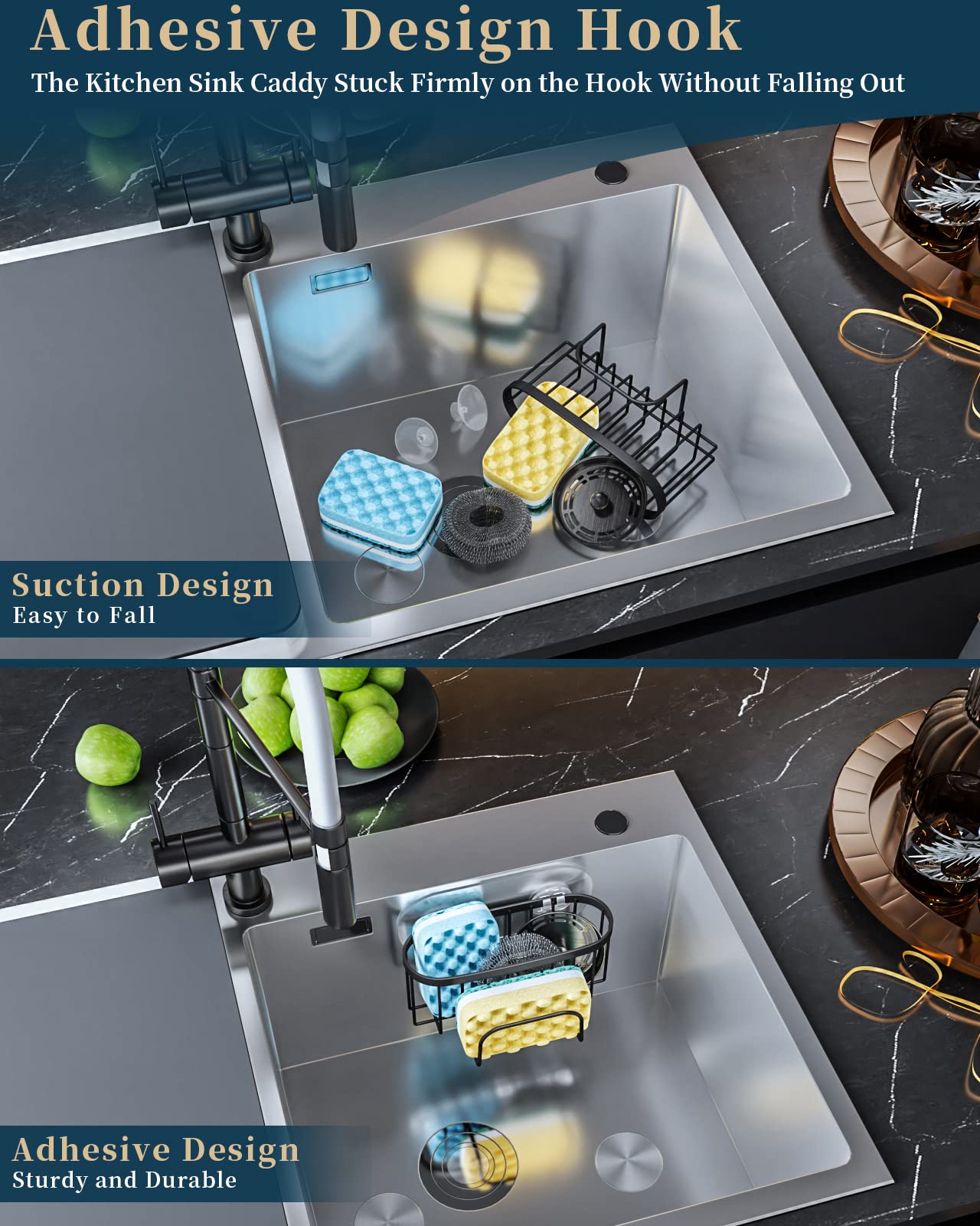 Consumest Sponge Holder with U Shape, SUS304 Stainless Steel Sponge Holder for Kitchen Sink with Adhesive 2 Hanging Way, No Drilling Sink Sponge Holder for Sponge, Brush, Sink Stopper and Steel Wool