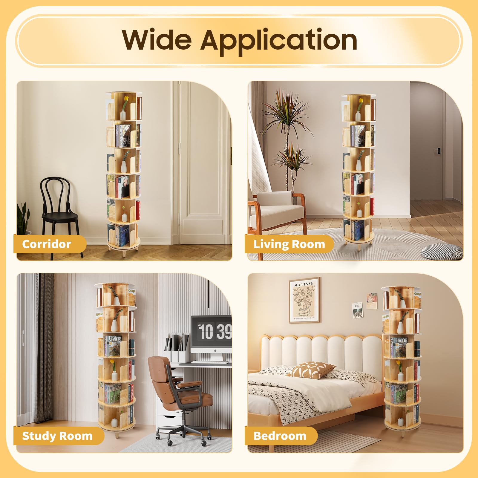 PIAOCAIYIN 6 Tier Cylindrical Rotating Bookshelf, 360° Display Stackable Shelves, Floor Standing Bookcase, Rotating Bookshelf Tower, w/Support Legs, Wood Kids Bookshelf, Revolving Bookcase