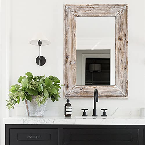 EMAISON 36 x 24 inches Wall Mounted Decorative Mirror, Rustic Wood Framed Rectangular Hanging Mirror with 4 Hangers for Farmhouse Bathroom, Entryway, Bedroom Décor