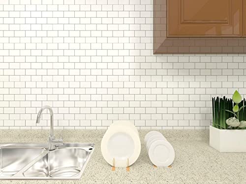 LONGKING 10-Sheet Peel and Stick Tile for Kitchen Backsplash, 12x12 inches Off White Subway Tile with Grey Grout