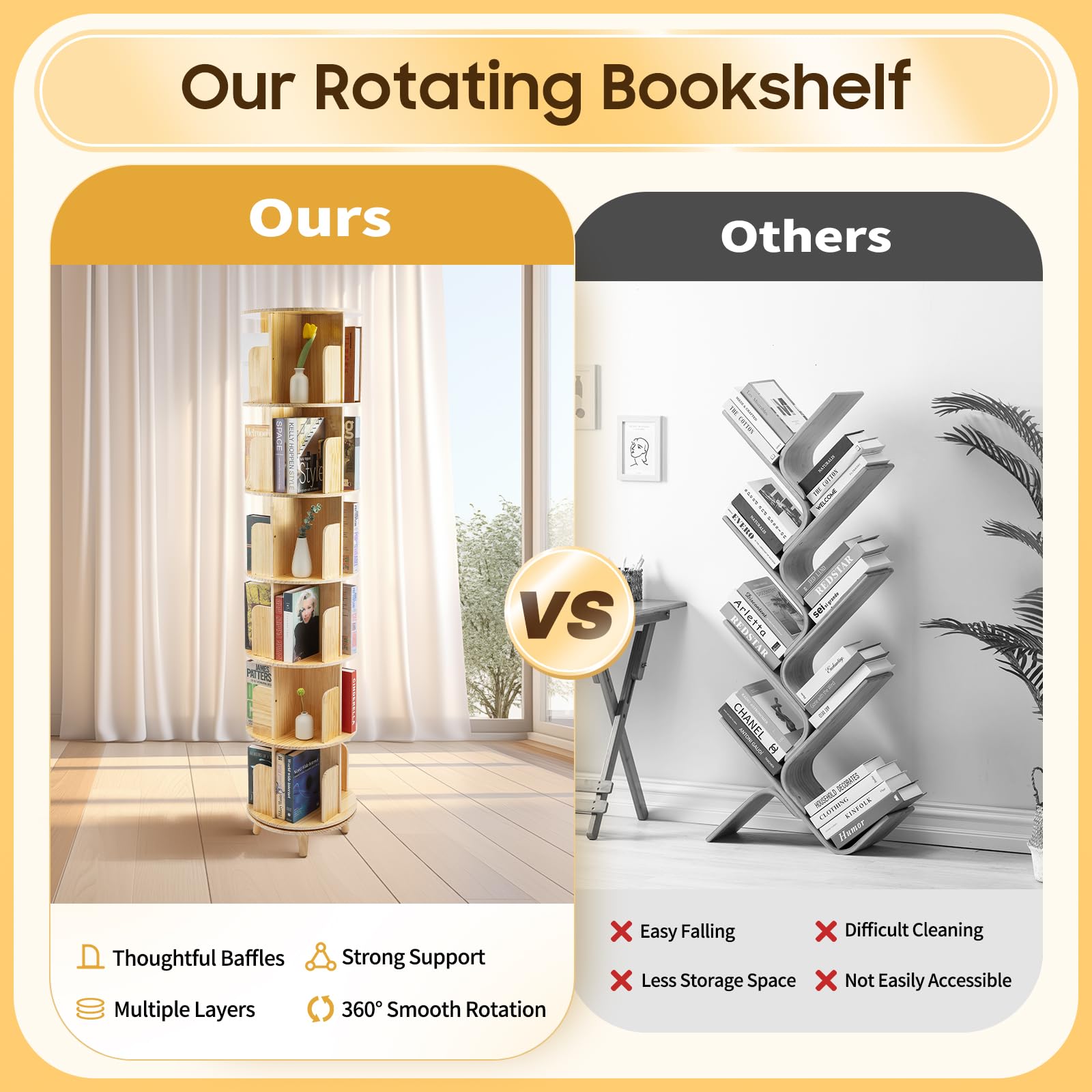 PIAOCAIYIN 6 Tier Cylindrical Rotating Bookshelf, 360° Display Stackable Shelves, Floor Standing Bookcase, Rotating Bookshelf Tower, w/Support Legs, Wood Kids Bookshelf, Revolving Bookcase