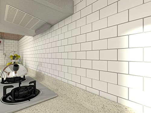 LONGKING 10-Sheet Peel and Stick Tile for Kitchen Backsplash, 12x12 inches Off White Subway Tile with Grey Grout