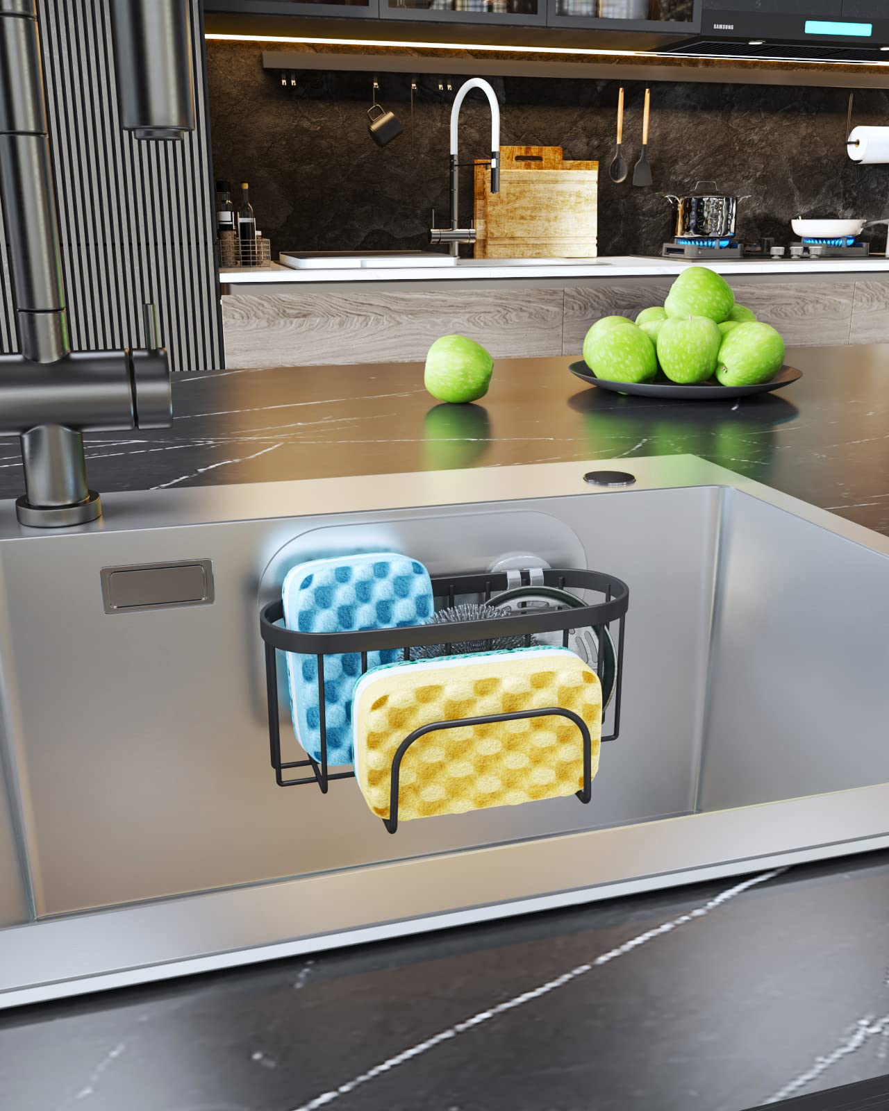 Consumest Sponge Holder with U Shape, SUS304 Stainless Steel Sponge Holder for Kitchen Sink with Adhesive 2 Hanging Way, No Drilling Sink Sponge Holder for Sponge, Brush, Sink Stopper and Steel Wool