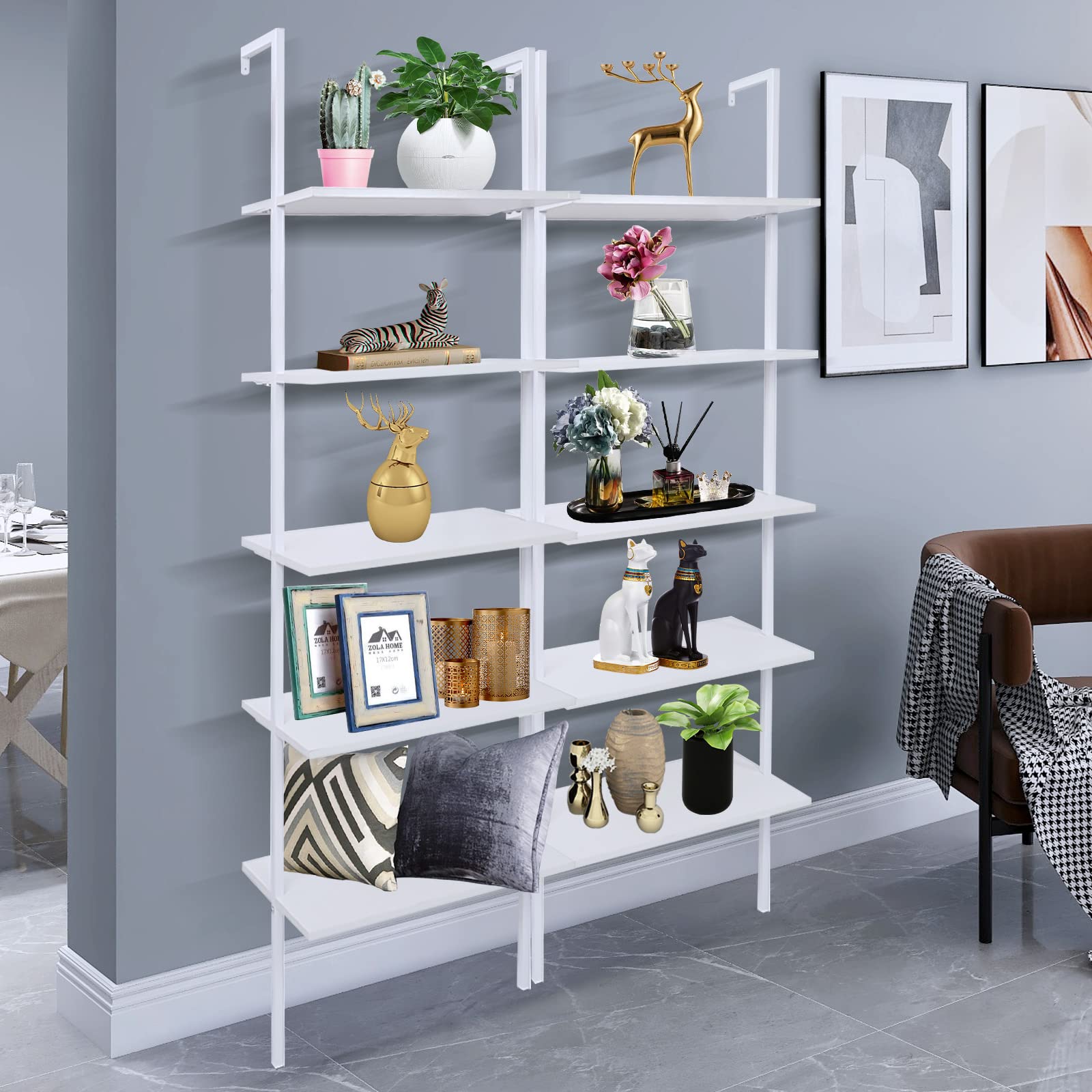 ANTSKU 5 Tier Wall Mounted Ladder Shelf, Ladder Bookshelf with Metal Frame and Wood Shelf, Modern Learning Bookcase for Living Room, Bedroom, Office (23.6" W x 11.8" D x 70.8" H, White)
